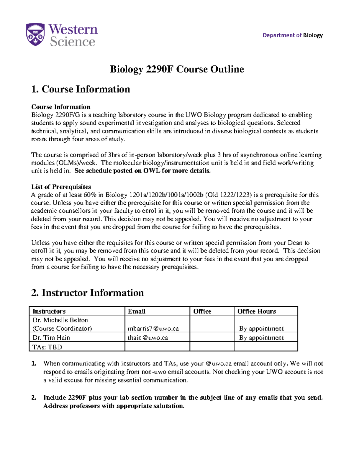 B2290F Course Outline 2023 24 - Department of Biology Biology 2290F ...