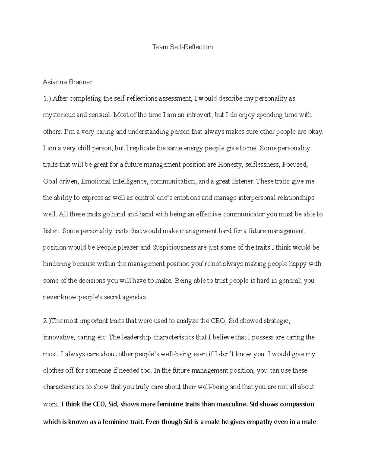 Self Reflection - Team Self-Reflection Asianna Brannen 1.) After ...