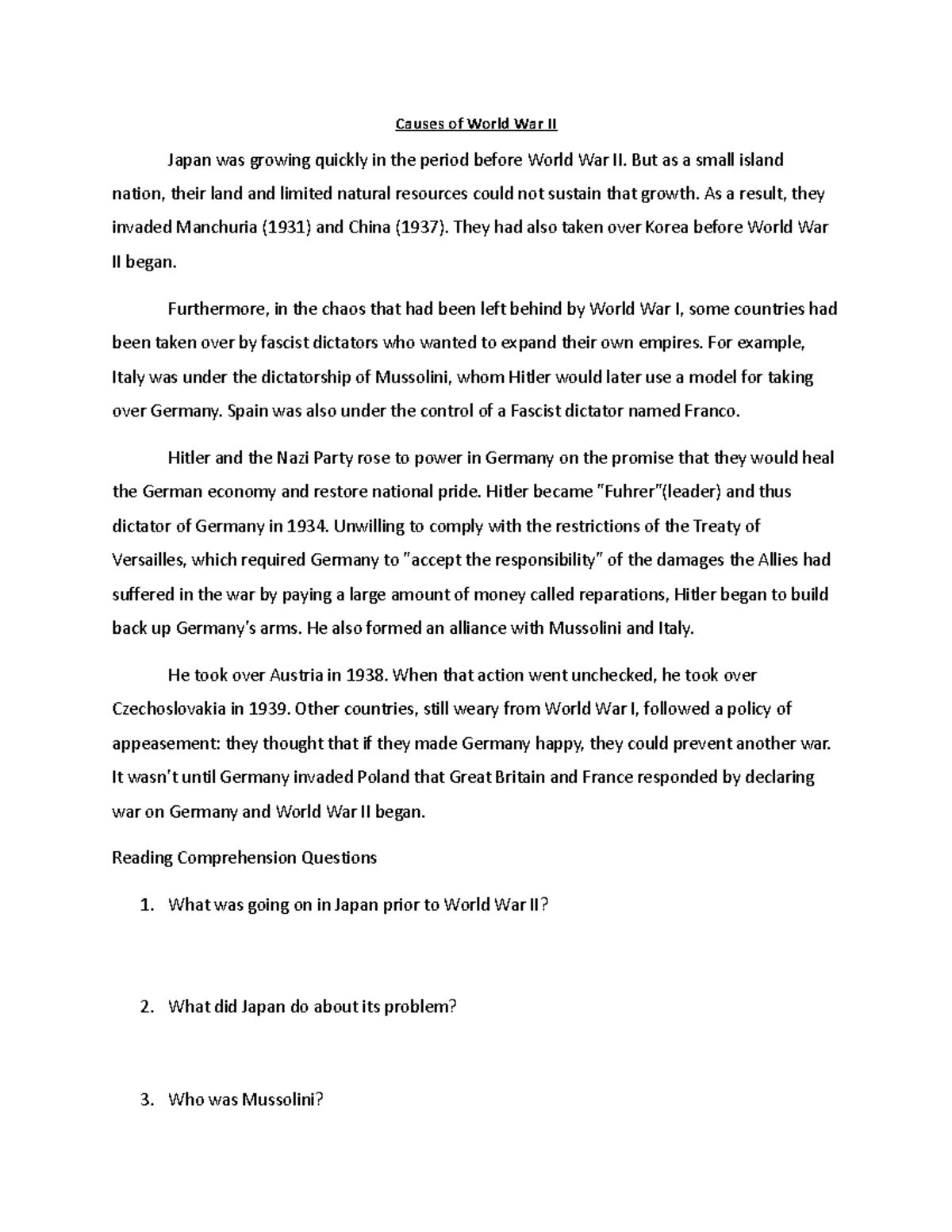 Causes of World War II Worksheet - Causes of World War II Japan was ...