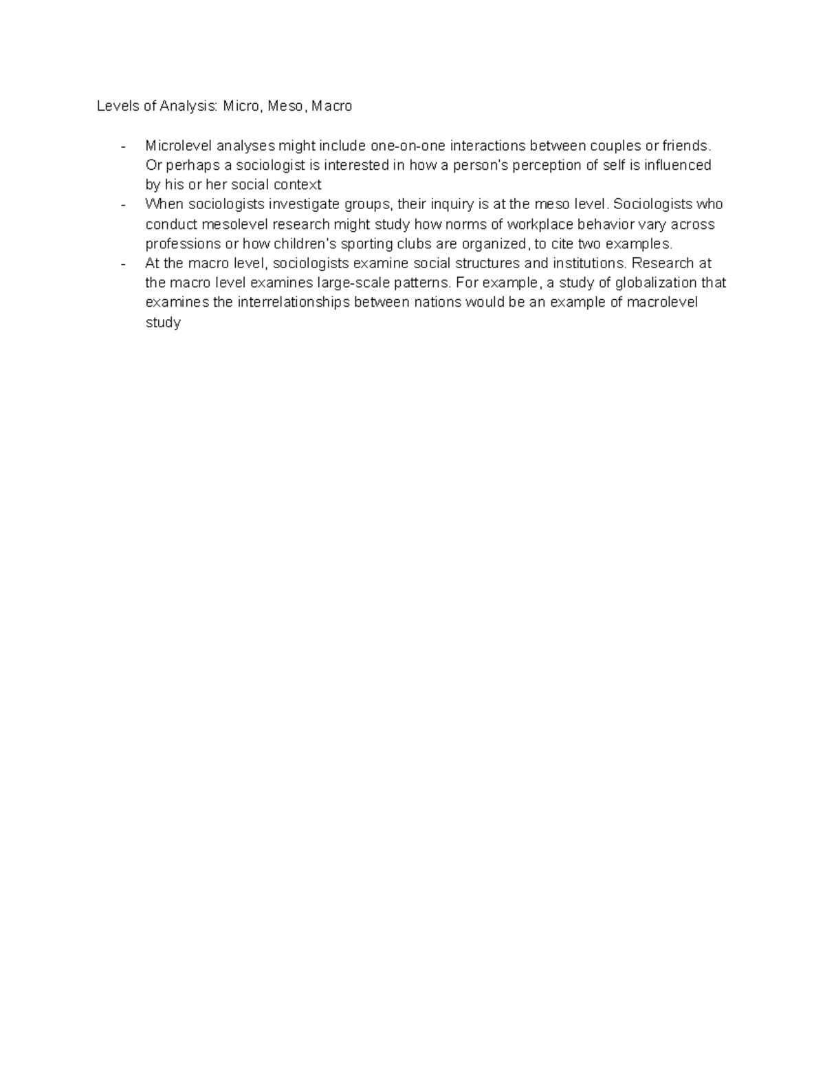 Socio 207 Chapter 2 Linking Methods with Theory - Levels of Analysis ...