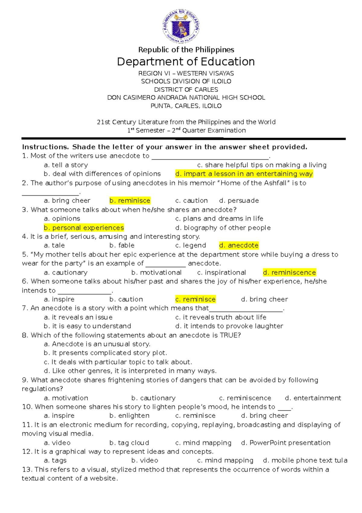 3 answer key - Republic of the Philippines Department of Education ...