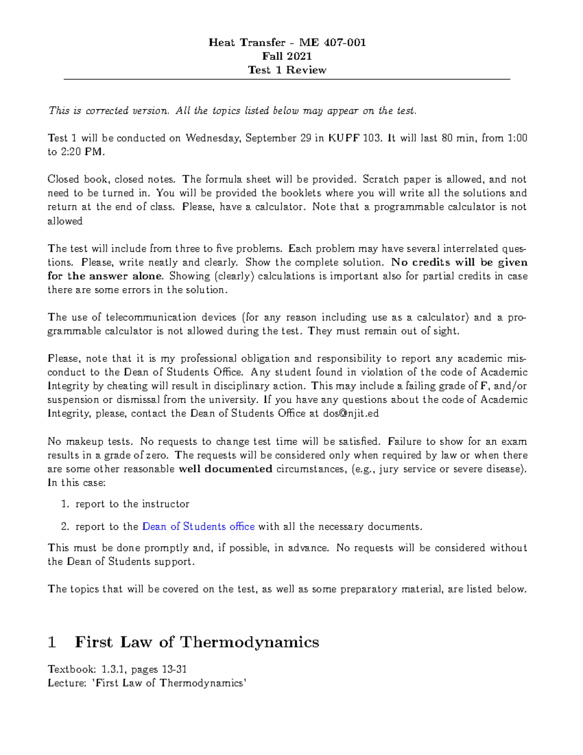 Test 1 Review for exam 1 you know - Heat Transfer - ME 407- Fall 2021 ...