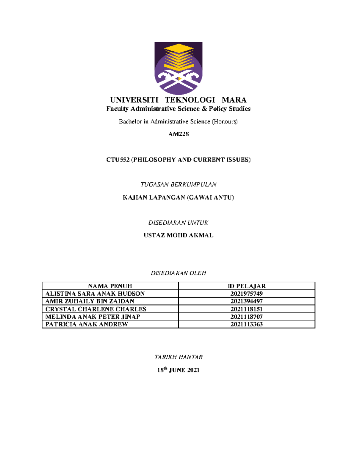 CTU552 Group Assignment - UNIVERSITI TEKNOLOGI MARA Faculty ...