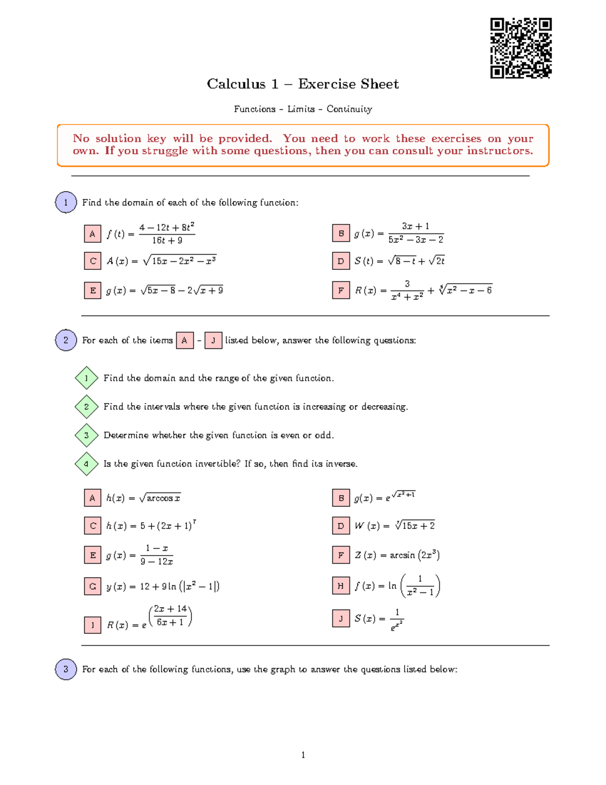 Exercise sheet 1 Calculus - Calculus 1 – Exercise Sheet Functions ...