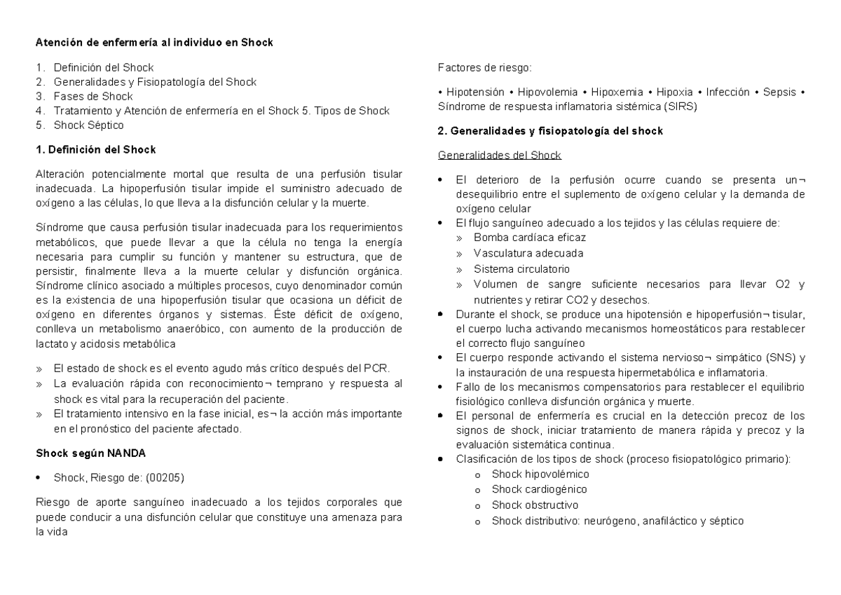 Shock - SIN ACABAR - Atención de enfermería al individuo en Shock ...