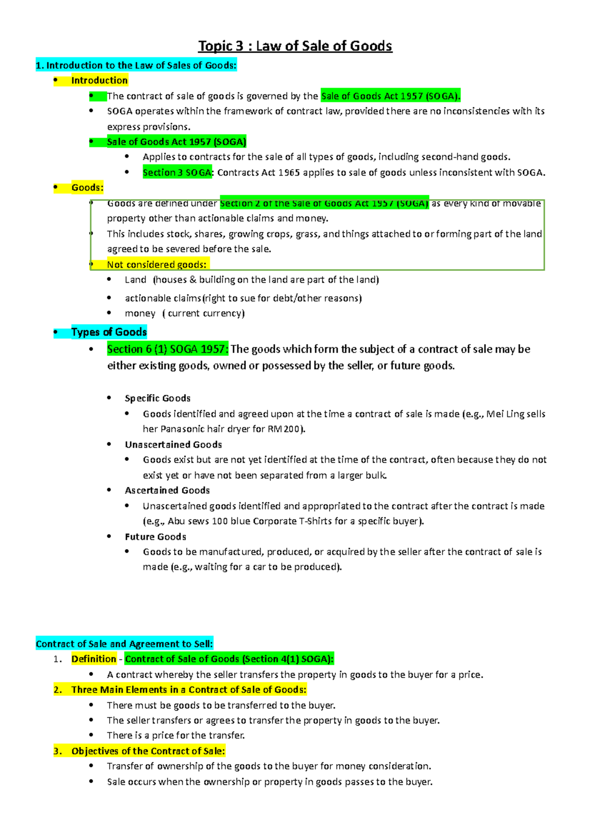 LAW OF SOGA - Topic 3 : Law of Sale of Goods 1. Introduction to the Law ...