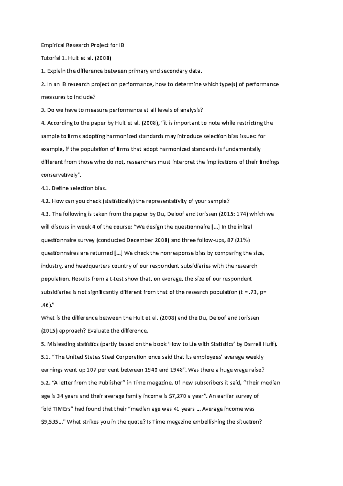 ERP week 1 - De vragen en antwoorden van het eerste werkcollege. - Empirical Research Project ...