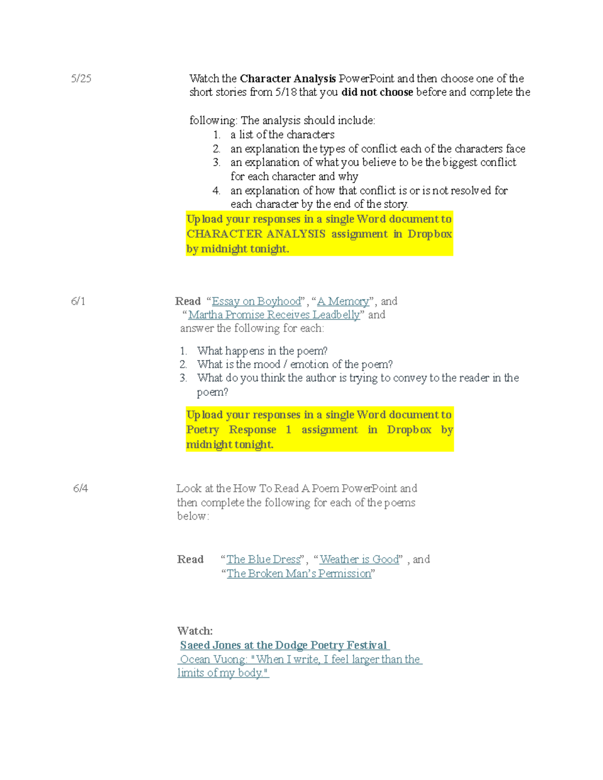 Syllabus Amended - 5/25 Watch the Character Analysis PowerPoint and ...