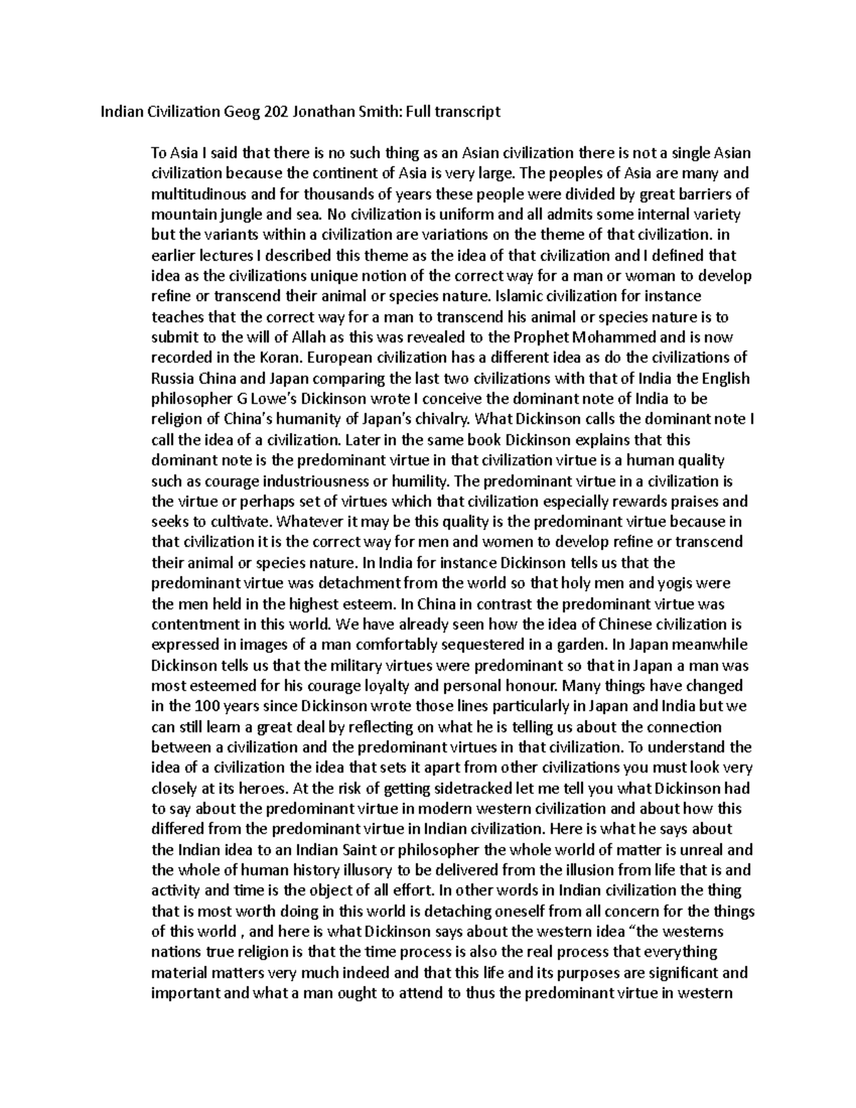 Indian Civilization - Full Transcript of Lecture - Indian Civilization ...
