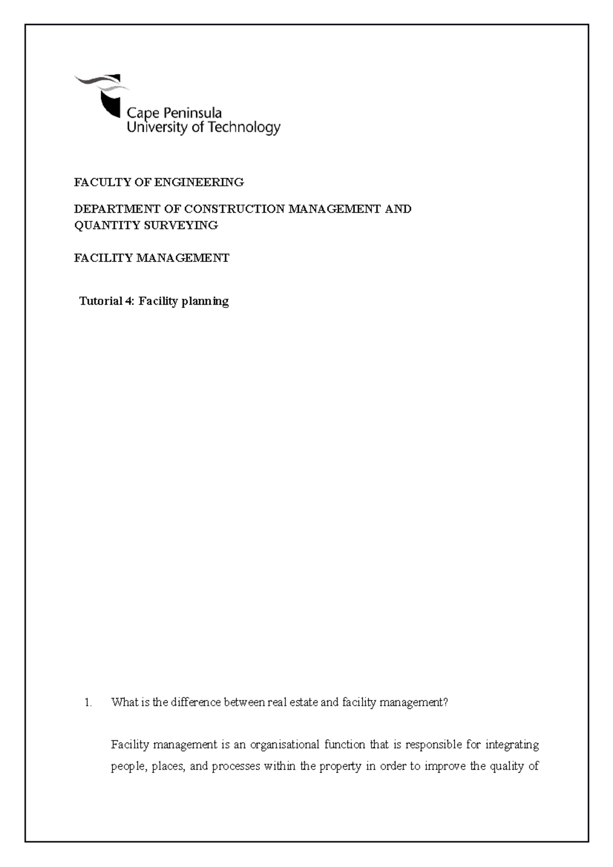 Planning in facility management tutorial - FACULTY OF ENGINEERING ...