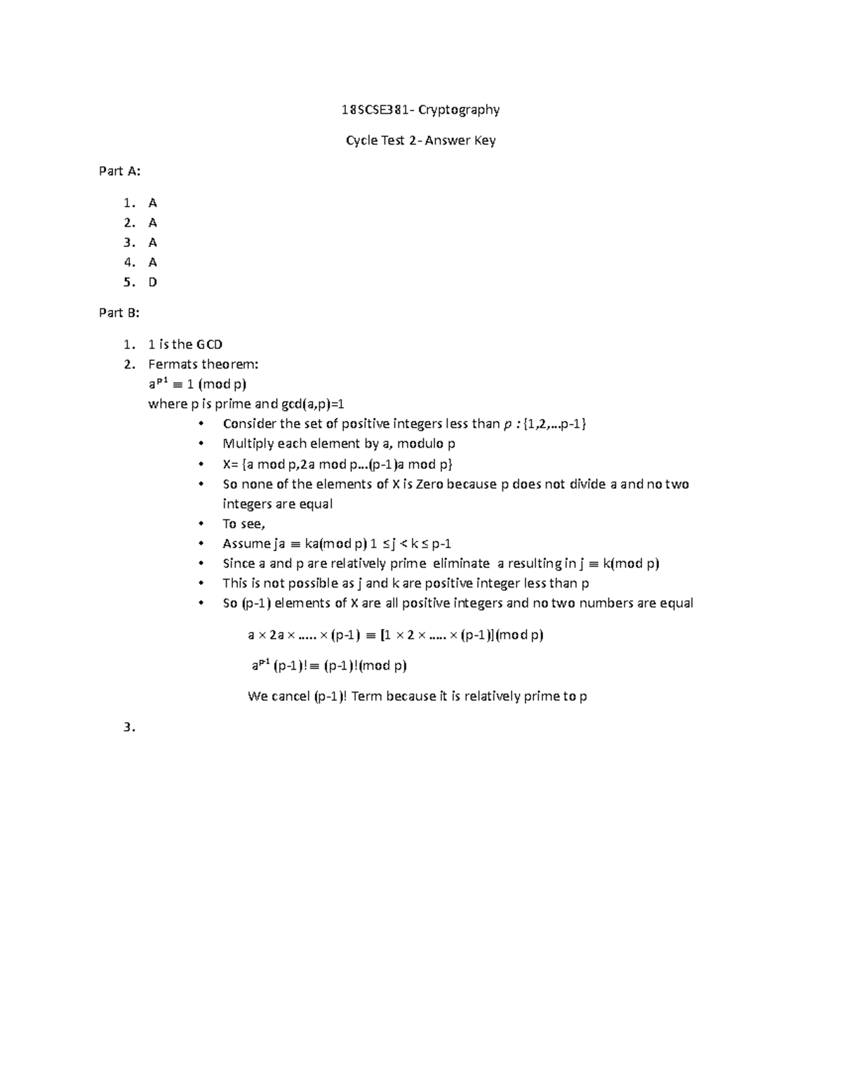 Answerkey SET A - answer key - 18SCSE381- Cryptography Cycle Test 2 ...