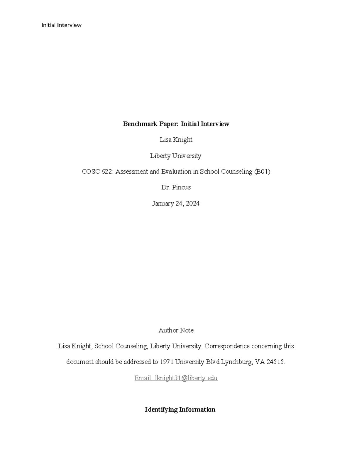 Initial Interview 24' - none - Initial Interview Benchmark Paper: Initial Interview Lisa Knight ...