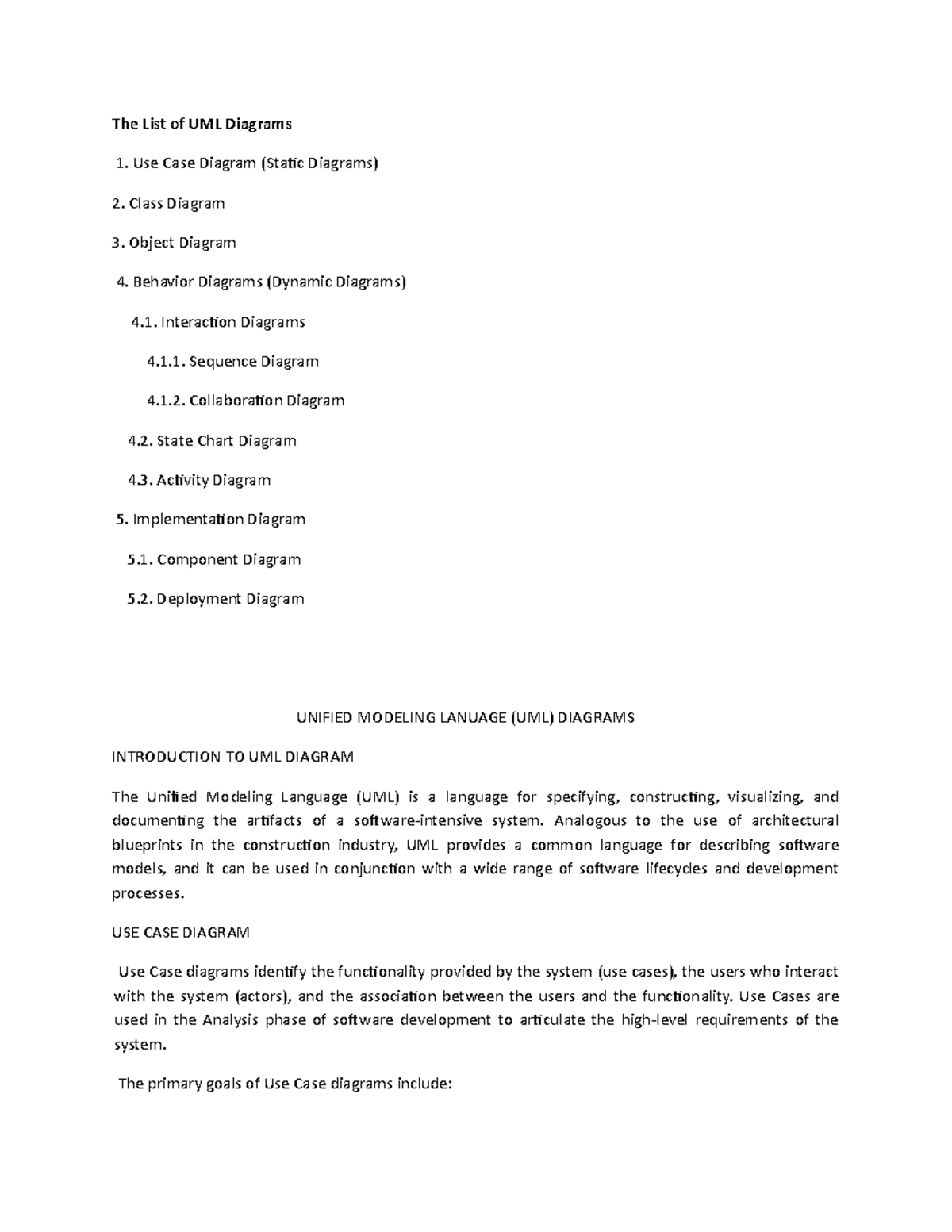 UML LAB - The List of UML Diagrams 1. Use Case Diagram (Static Diagrams) 2. Class Diagram 3 ...
