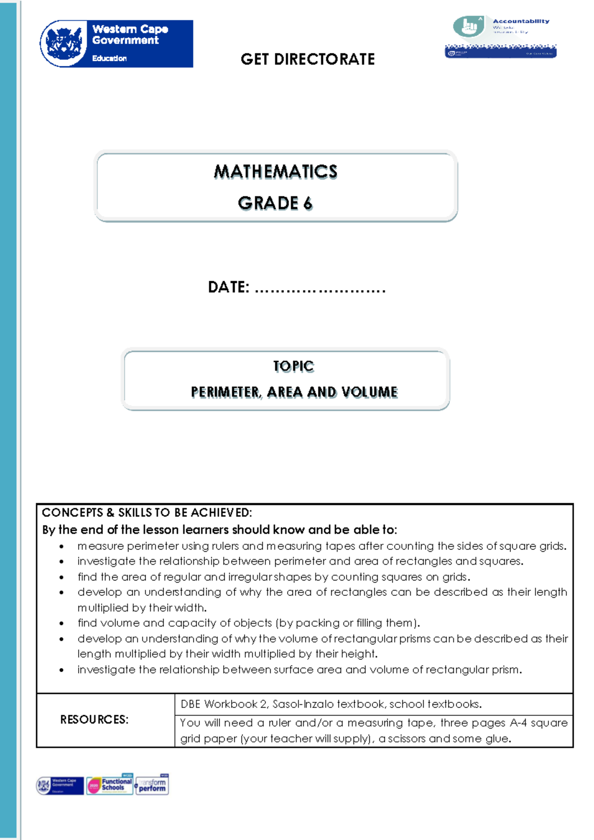Gr 6 Mathematics Lesson Perimeter, Area and Volume T3 W5 - GET ...