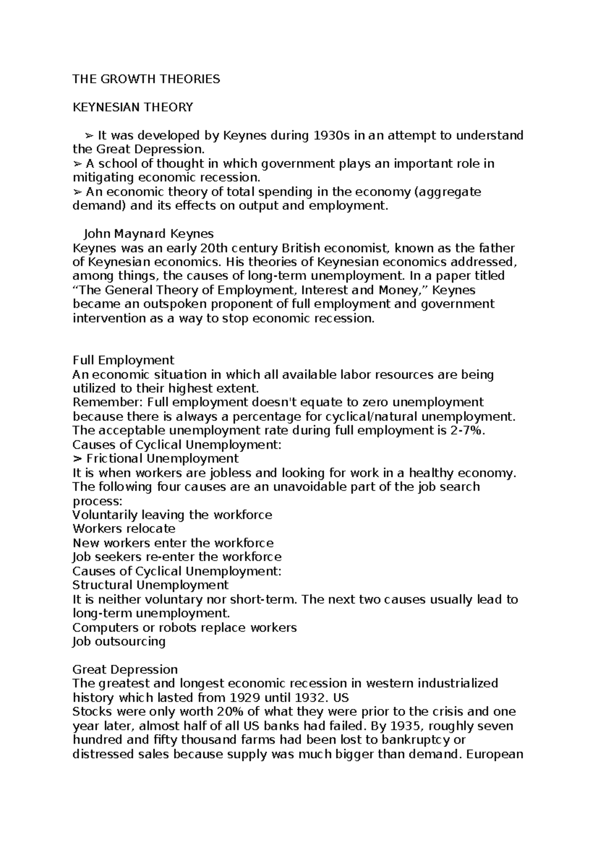 Econ - Review for econ - THE GROWTH THEORIES KEYNESIAN THEORY It was ...