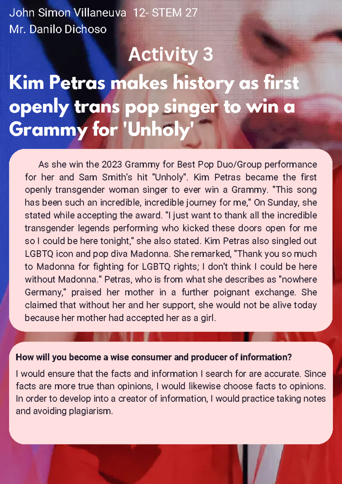 Activity 3 MIL - First Ever Transgender Woman To Win A Grammy Award ...