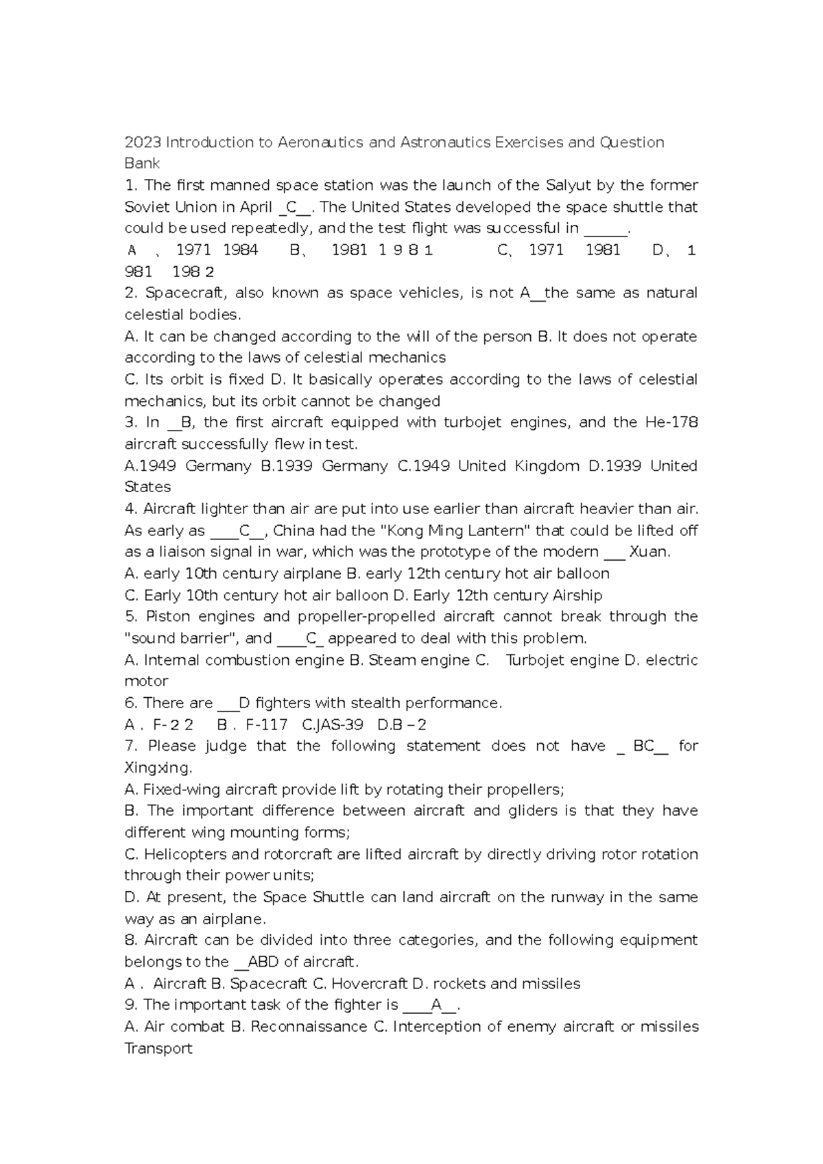 2023 Introduction to Aeronautics and Astronautics Exercises and ...