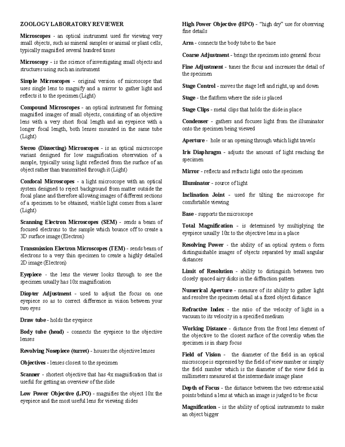 Gen.zoo lab - For review - ZOOLOGY LABORATORY REVIEWER Microscopes - an ...
