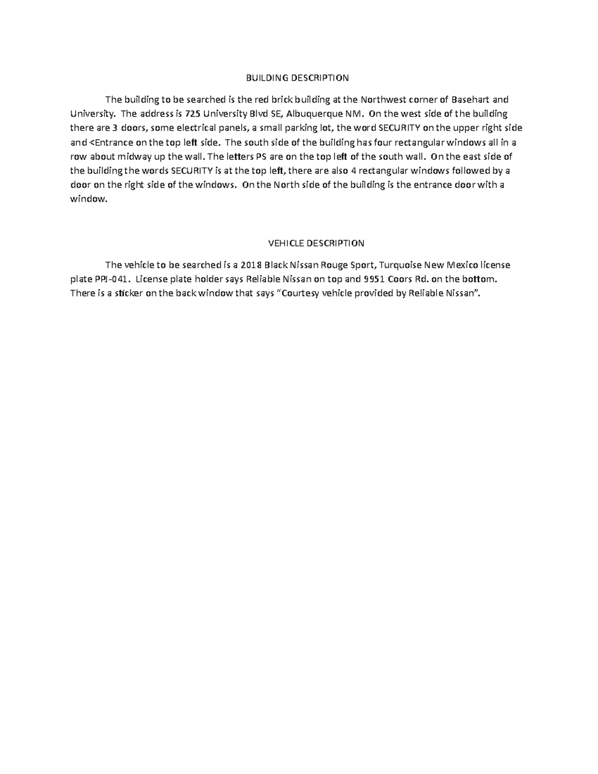 Building Description - BUILDING DESCRIPTION The building to be searched ...