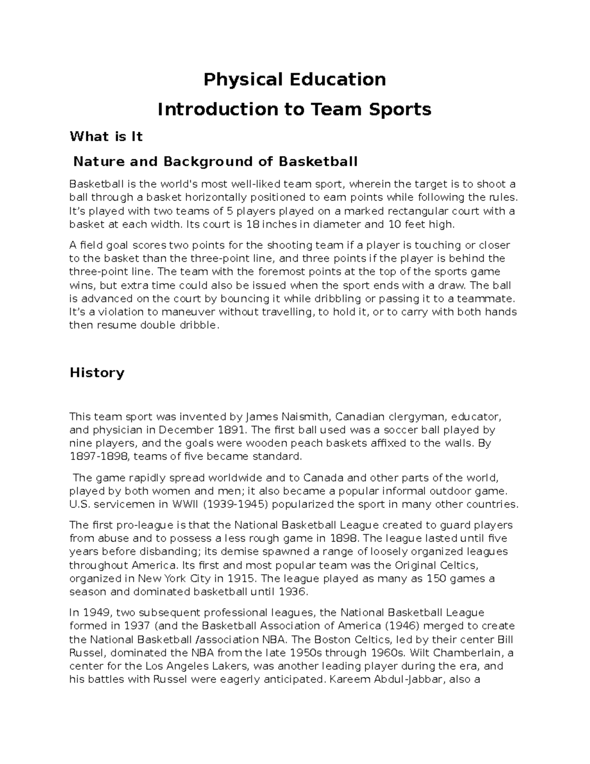 Physical Education - Physical Education Introduction to Team Sports ...