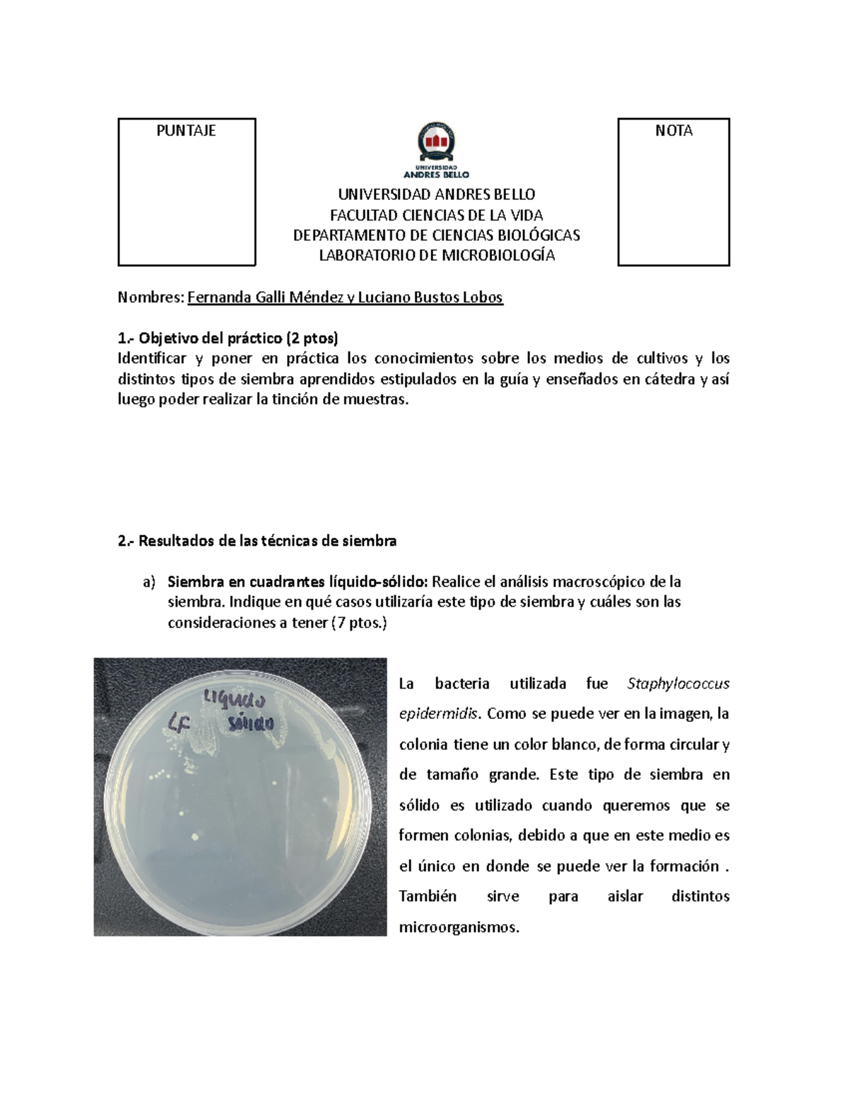 Informe+1+BIOL251+202310+Sec3.docx (1) - PUNTAJE UNIVERSIDAD ANDRES BELLO FACULTAD CIENCIAS DE ...