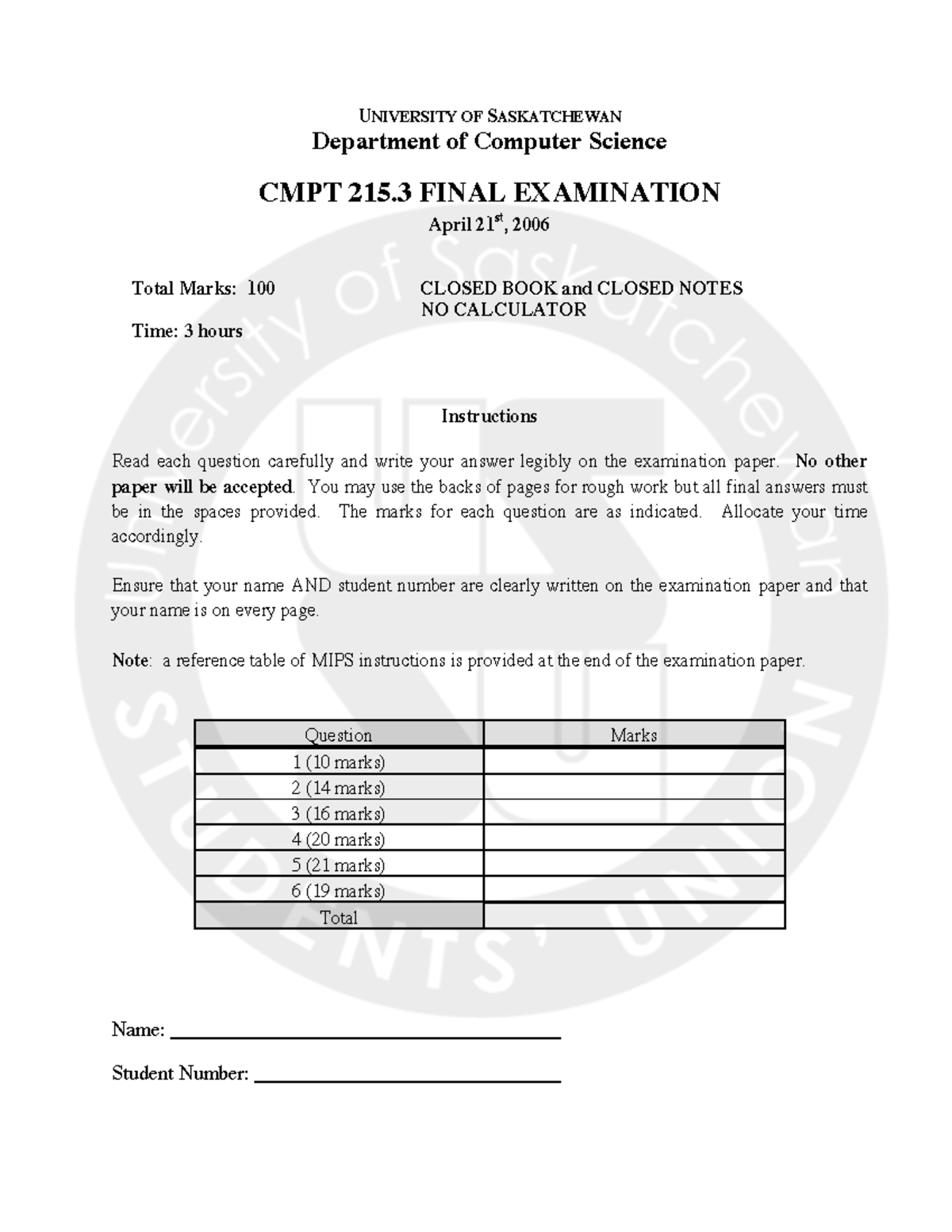 F 2006 Computer Sc 215 - practice - UNIVERSITY OF SASKATCHEWAN ...
