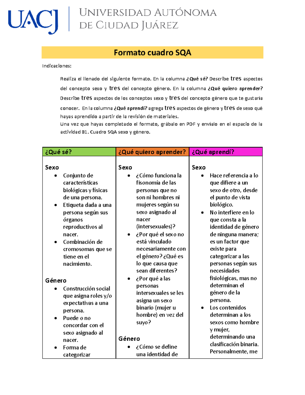 Actividad B1. Formato Cuadro SQA - Formato cuadro SQA Indicaciones: Realiza el llenado del ...