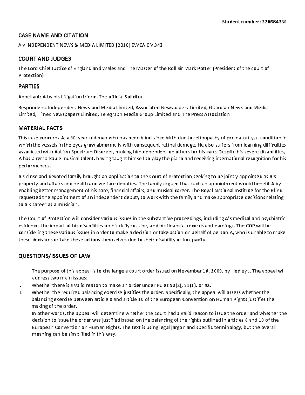 Case note - case note - Student number: 220684330 CASE NAME AND ...