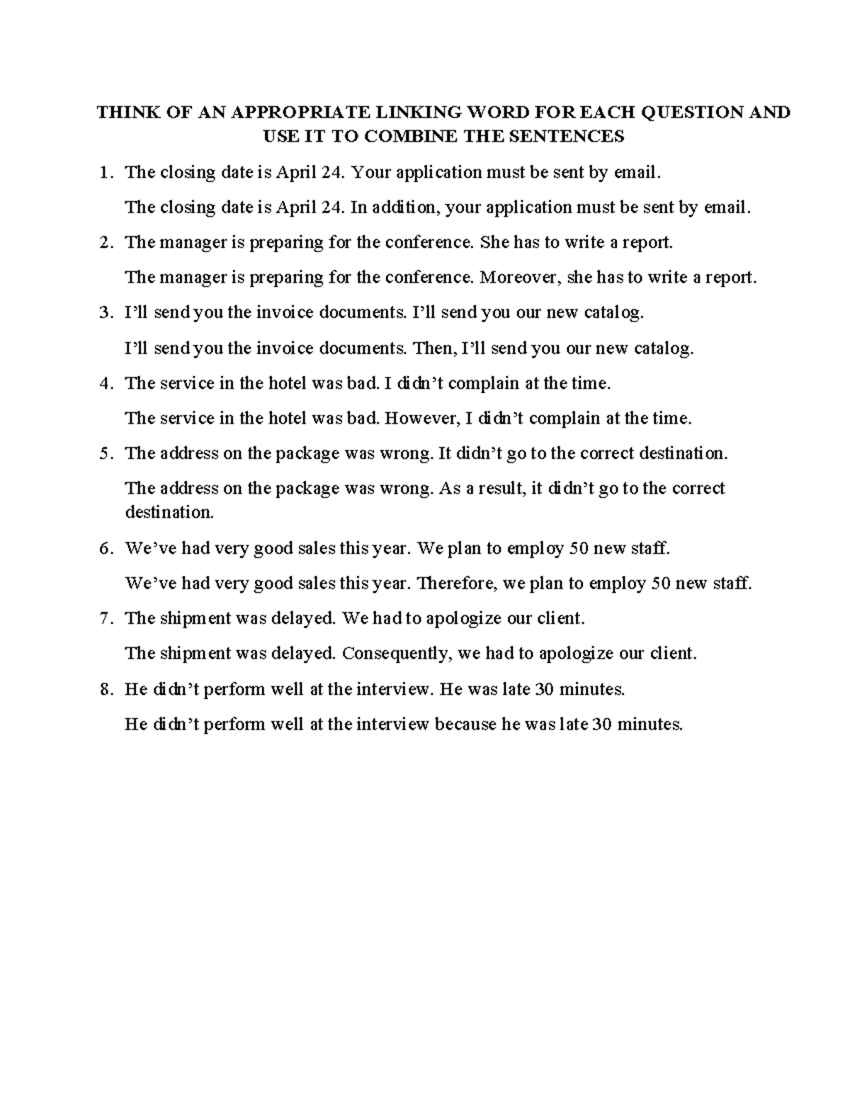 Assignment 1 Connecting Words - THINK OF AN APPROPRIATE LINKING WORD ...