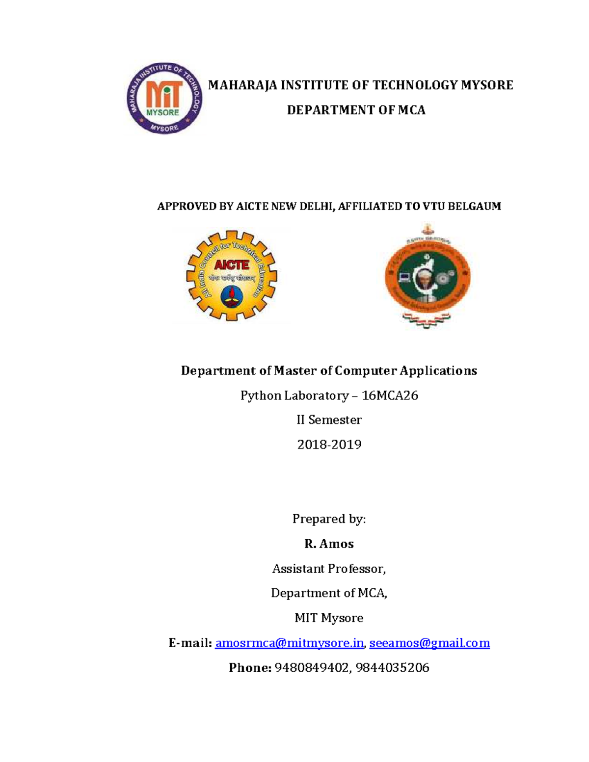 Pythan Lab Manual(16MCA26) - MAHARAJA INSTITUTE OF TECHNOLOGY MYSORE DEPARTMENT OF MCA APPROVED ...