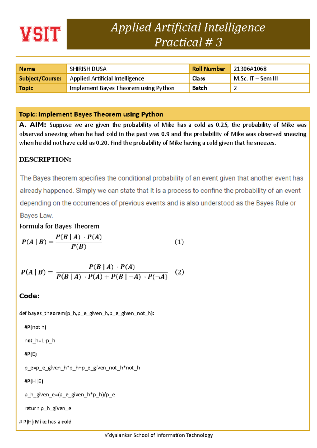AAI Worksheet - Practical 3 - Applied Artificial Intelligence Practical # 3 Name SHIRISH DUSA ...