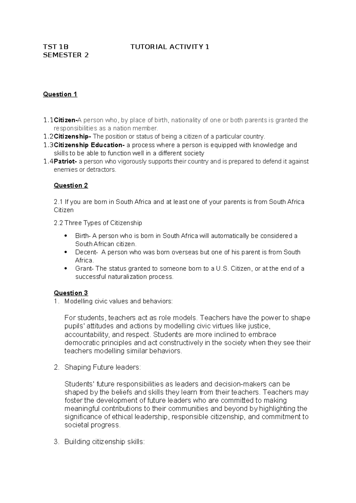 Draft TST1B - TST 1B TUTORIAL ACTIVITY 1 SEMESTER 2 Question 1 1-A ...