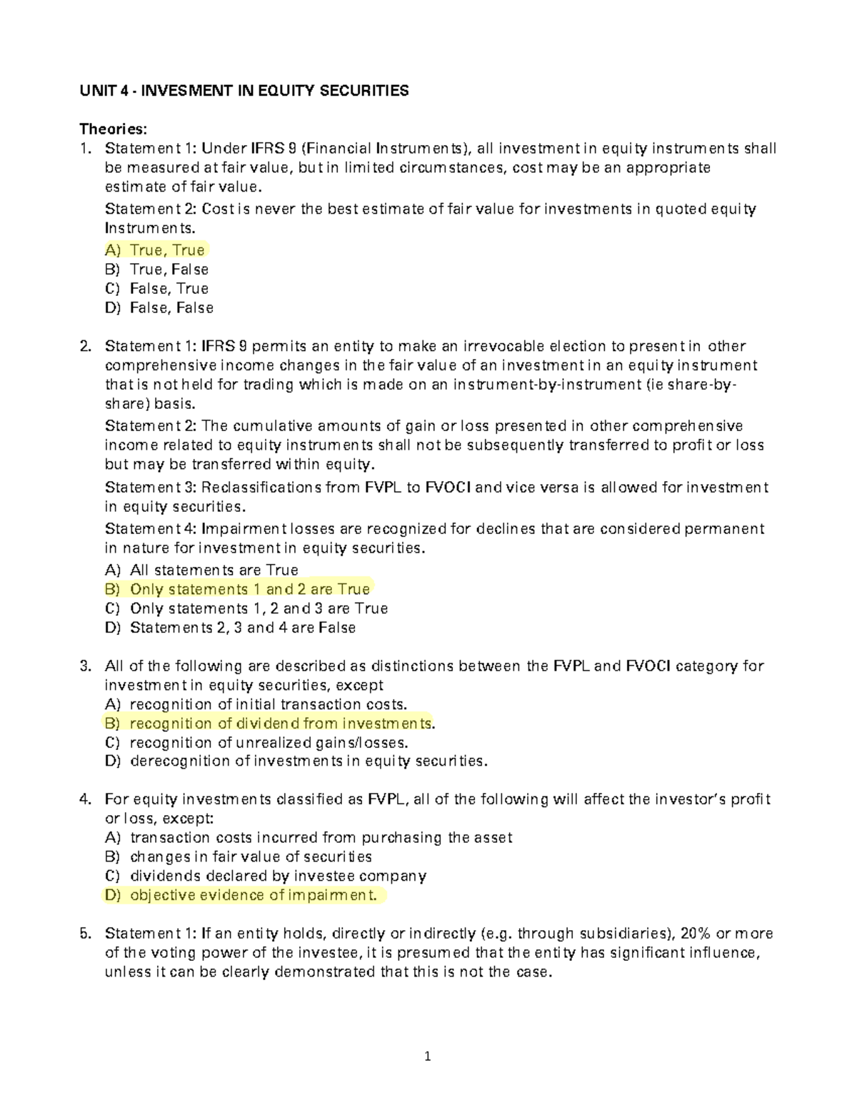 June 8 Practice Set - UNIT 4 - INVESMENT IN EQUITY SECURITIES Theories ...