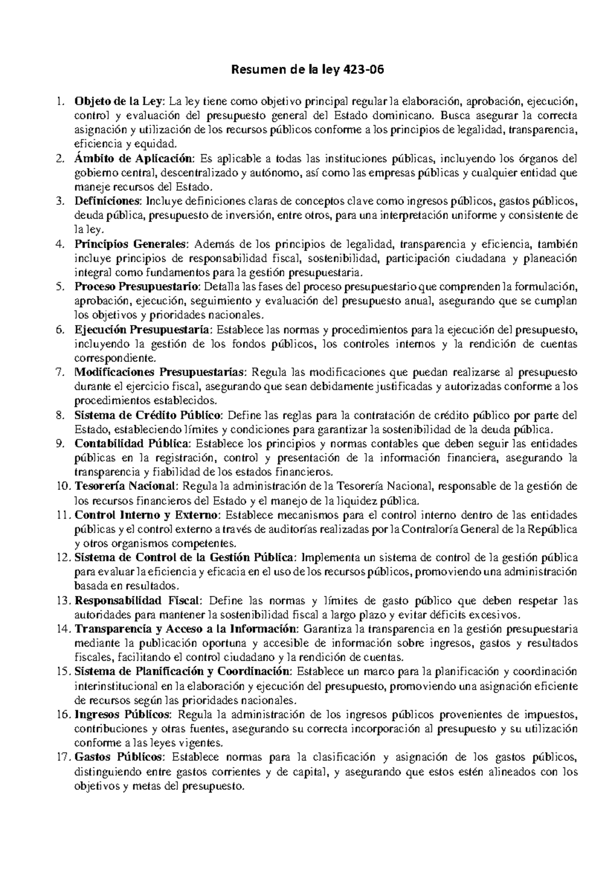 Objeto de la Ley - Resumen de la ley 423- 06 Objeto de la Ley: La ley ...