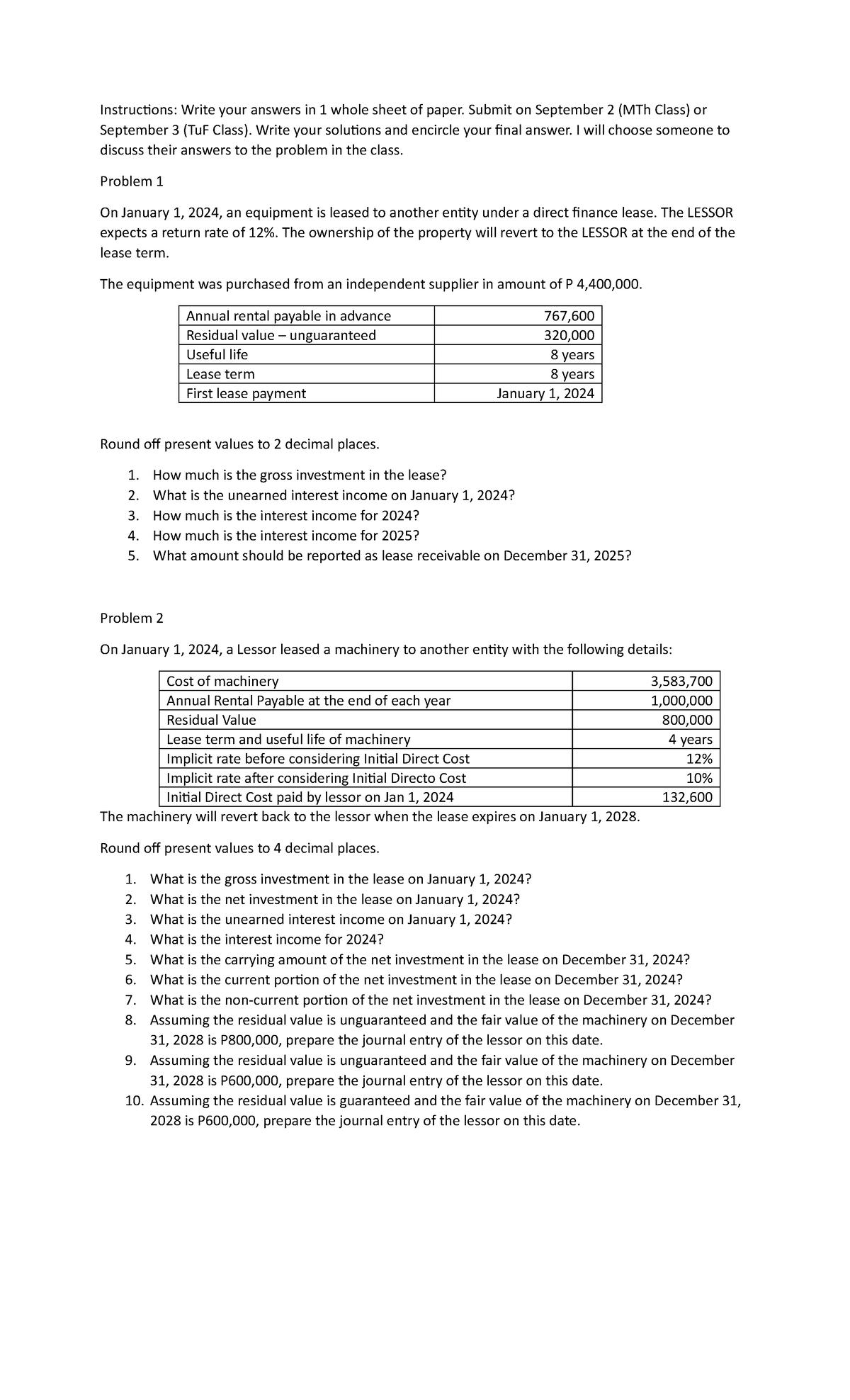 Finance lease class work - Instruc ons: Write your answers in 1 whole ...