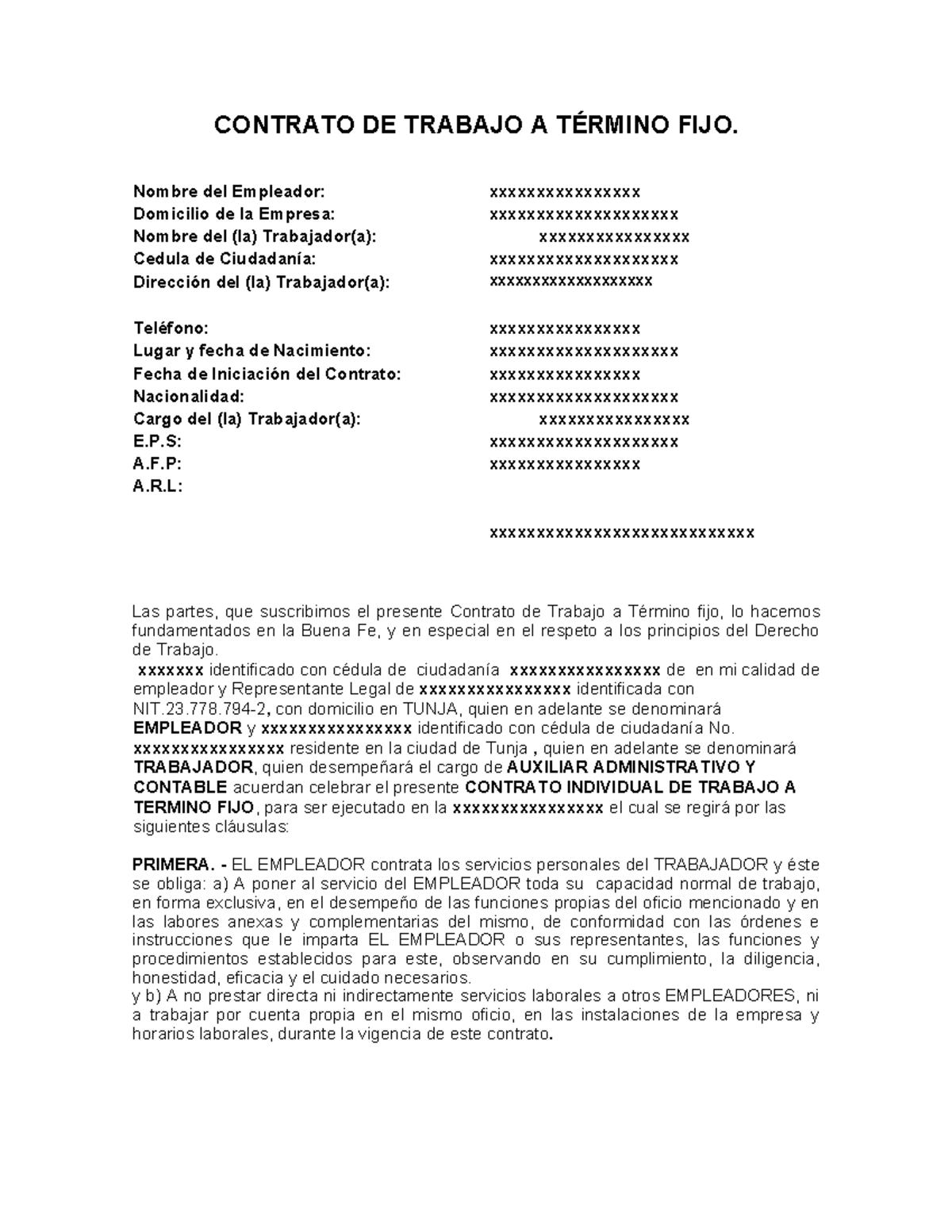Modelo de contrato a termino fijo - CONTRATO DE TRABAJO A TÉRMINO FIJO ...