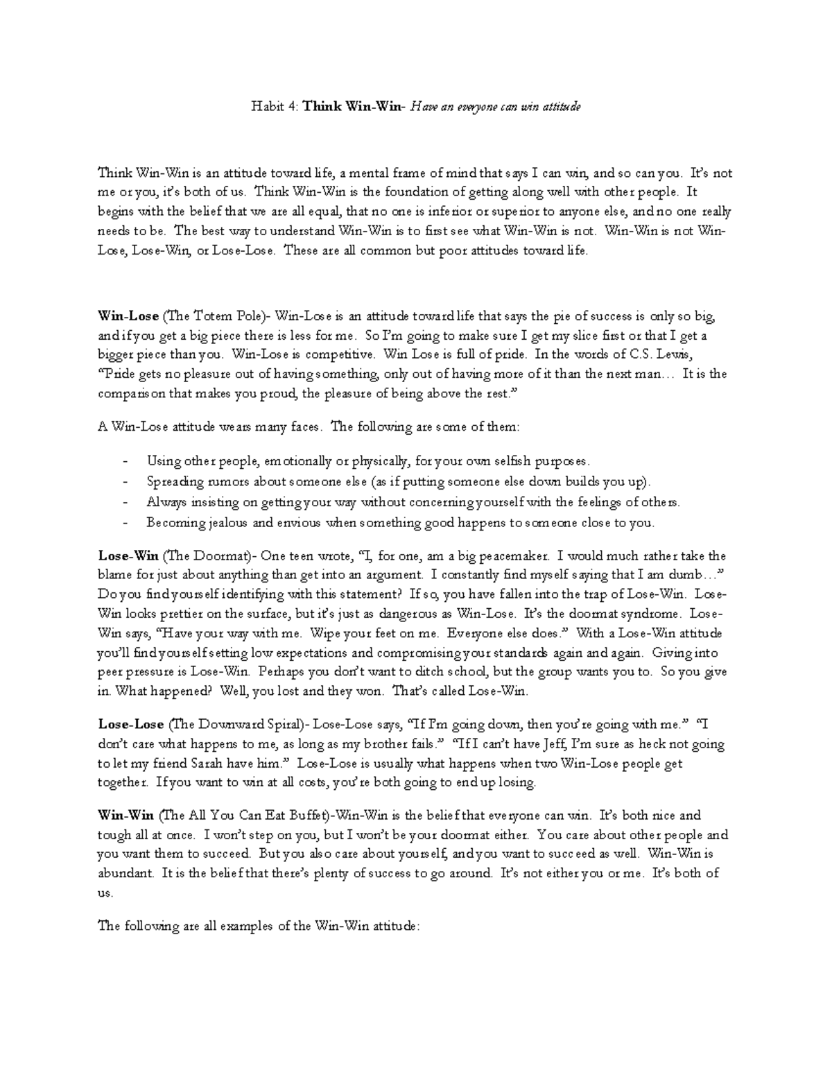 Habit 4 - bus - Habit 4: Think Win-Win- Have an everyone can win ...
