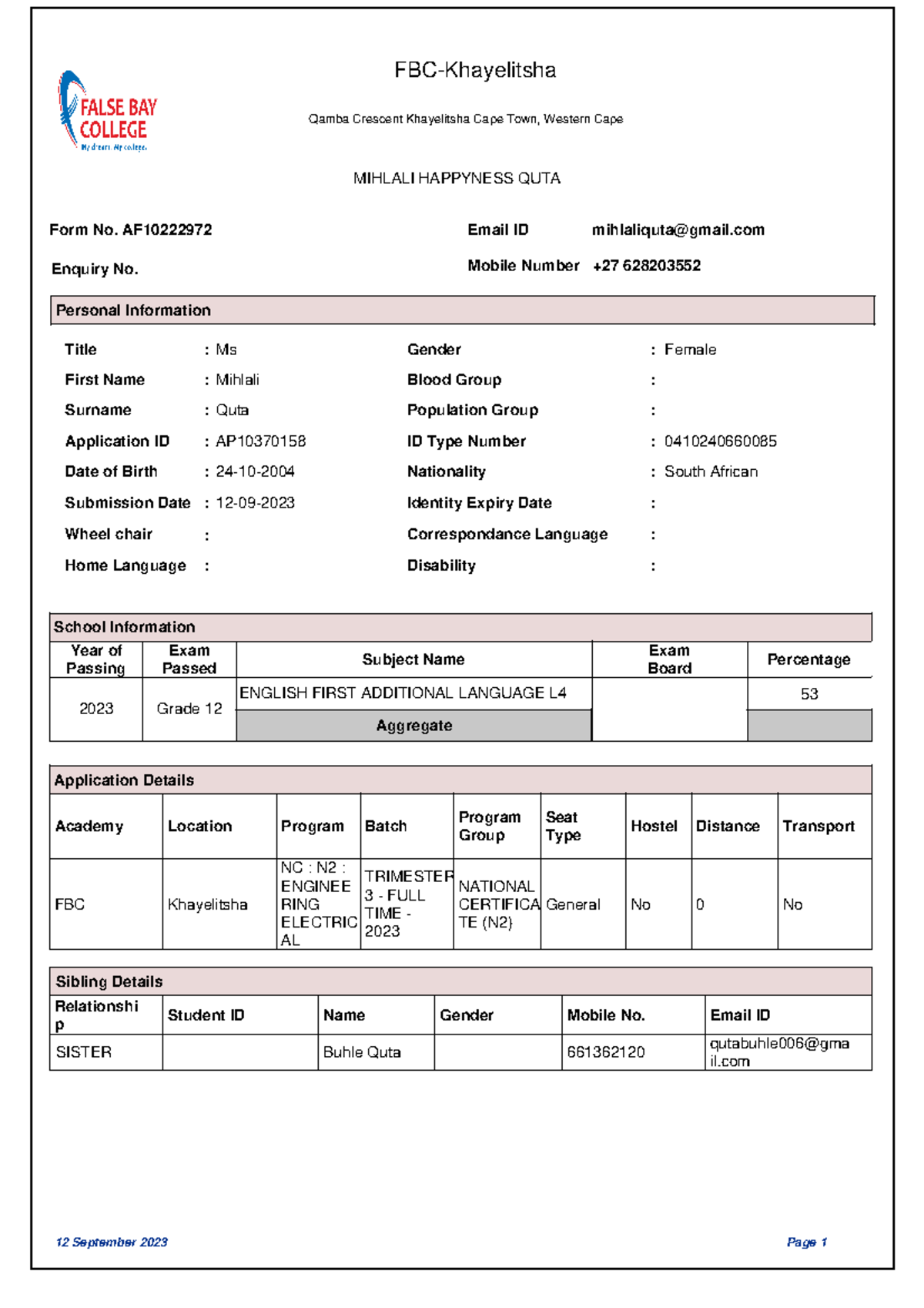 Mihlali Quta-1694529220730 - Personal Information Application ID Gender ...