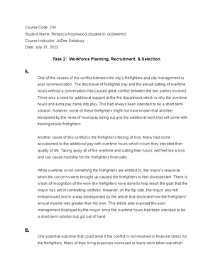 C234 Task 2 - Task 2 - REM1: Task 2: Workforce Planning, Recruitment ...