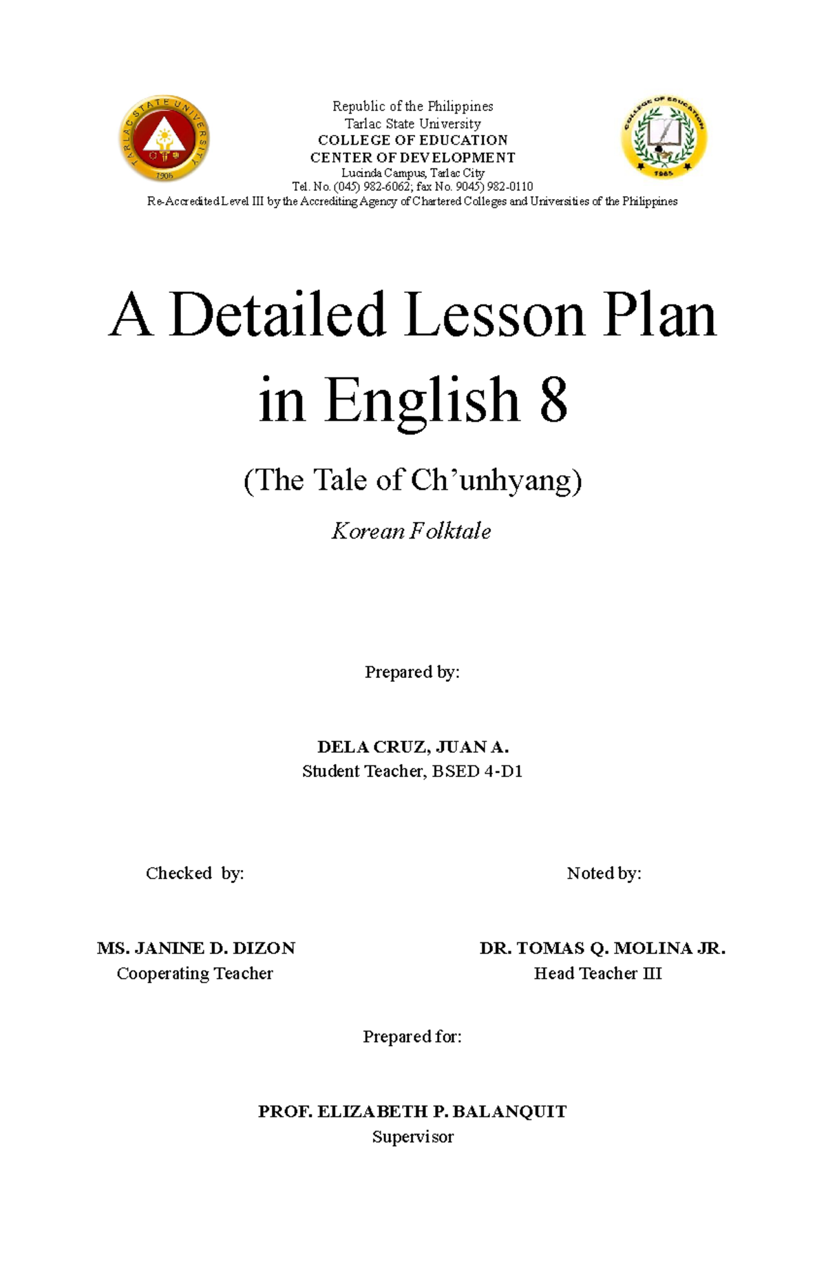 Example of detailed lesson plan Tarlac State University College of ...