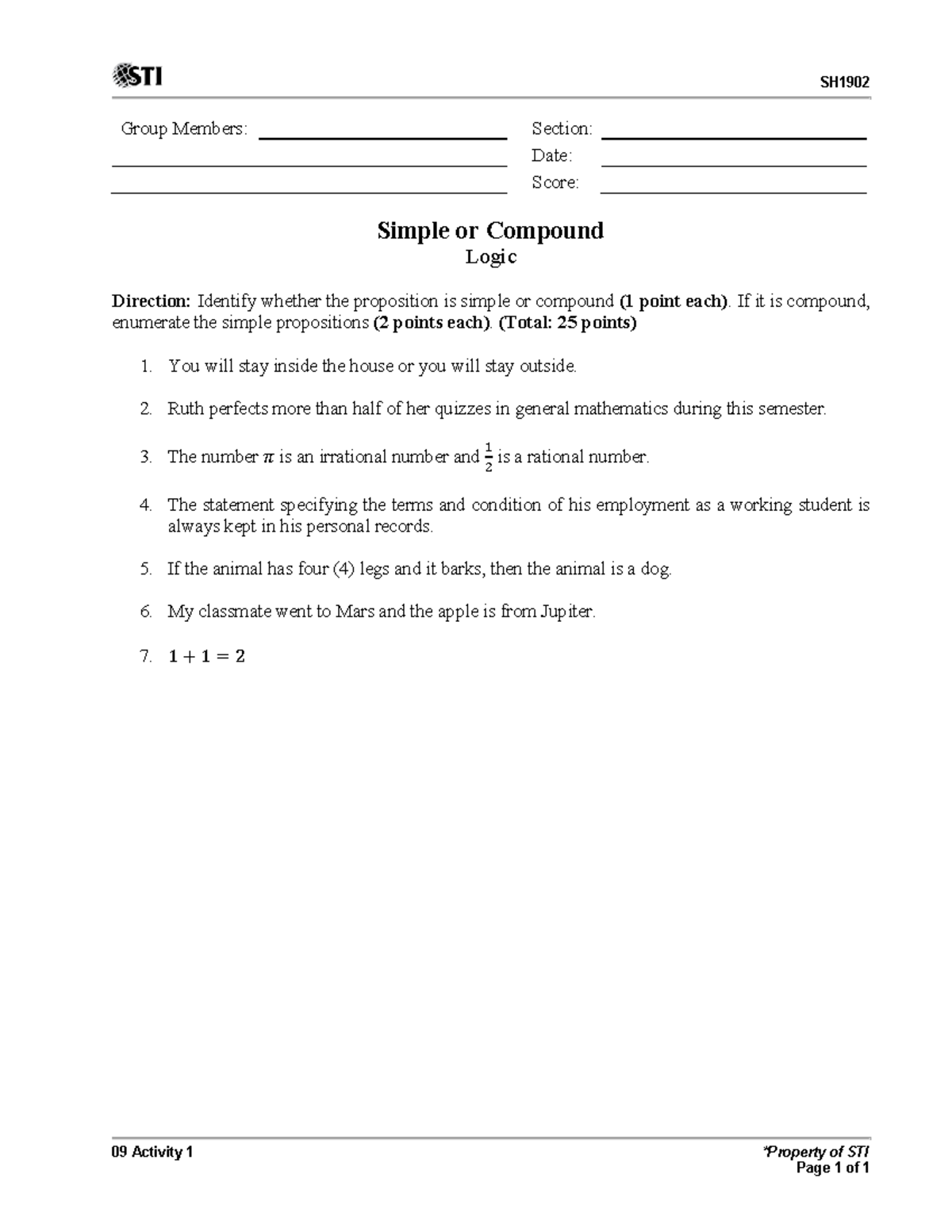 SH1902 - General Mathematics 09 Activity 1 - SH 09 Activity 1 *Property ...