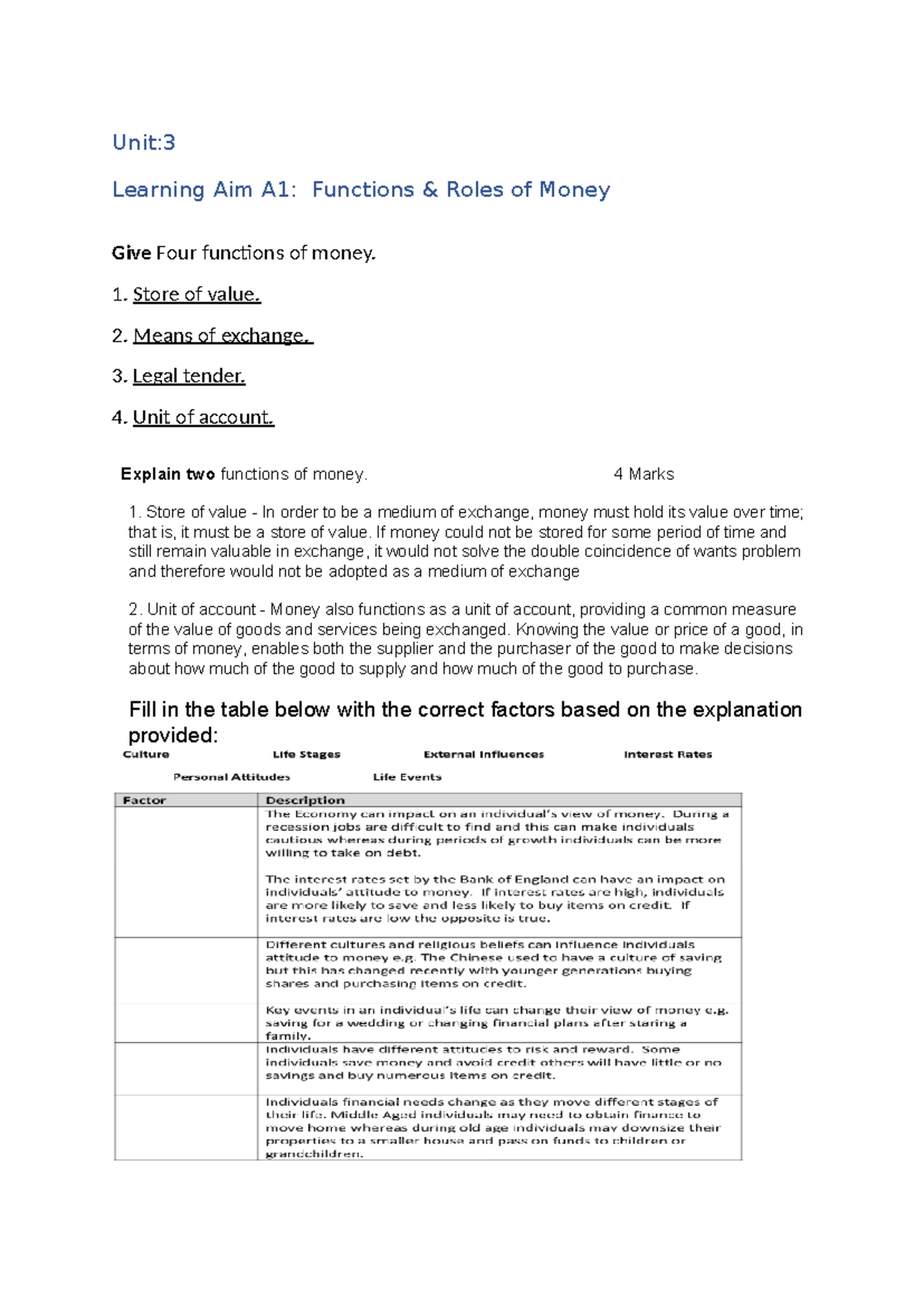 A1 Functions & Role of Money - Unit: Learning Aim A1: Functions & Roles ...