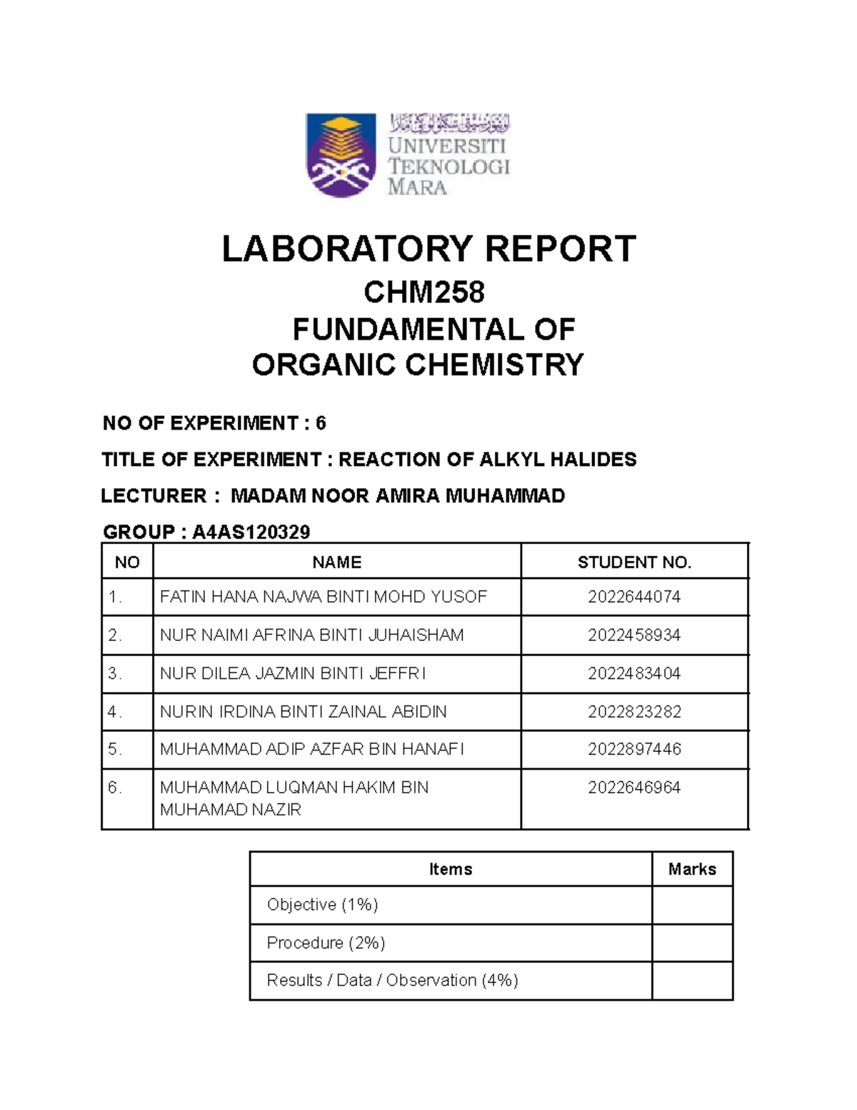 LAB Report Chemistry 258 - LABORATORY REPORT CHM FUNDAMENTAL OF ORGANIC ...