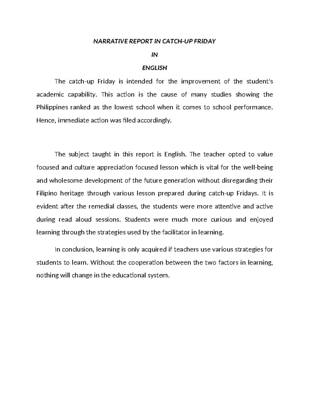 Narrative Report - NARRATIVE REPORT IN CATCH-UP FRIDAY IN ENGLISH The ...