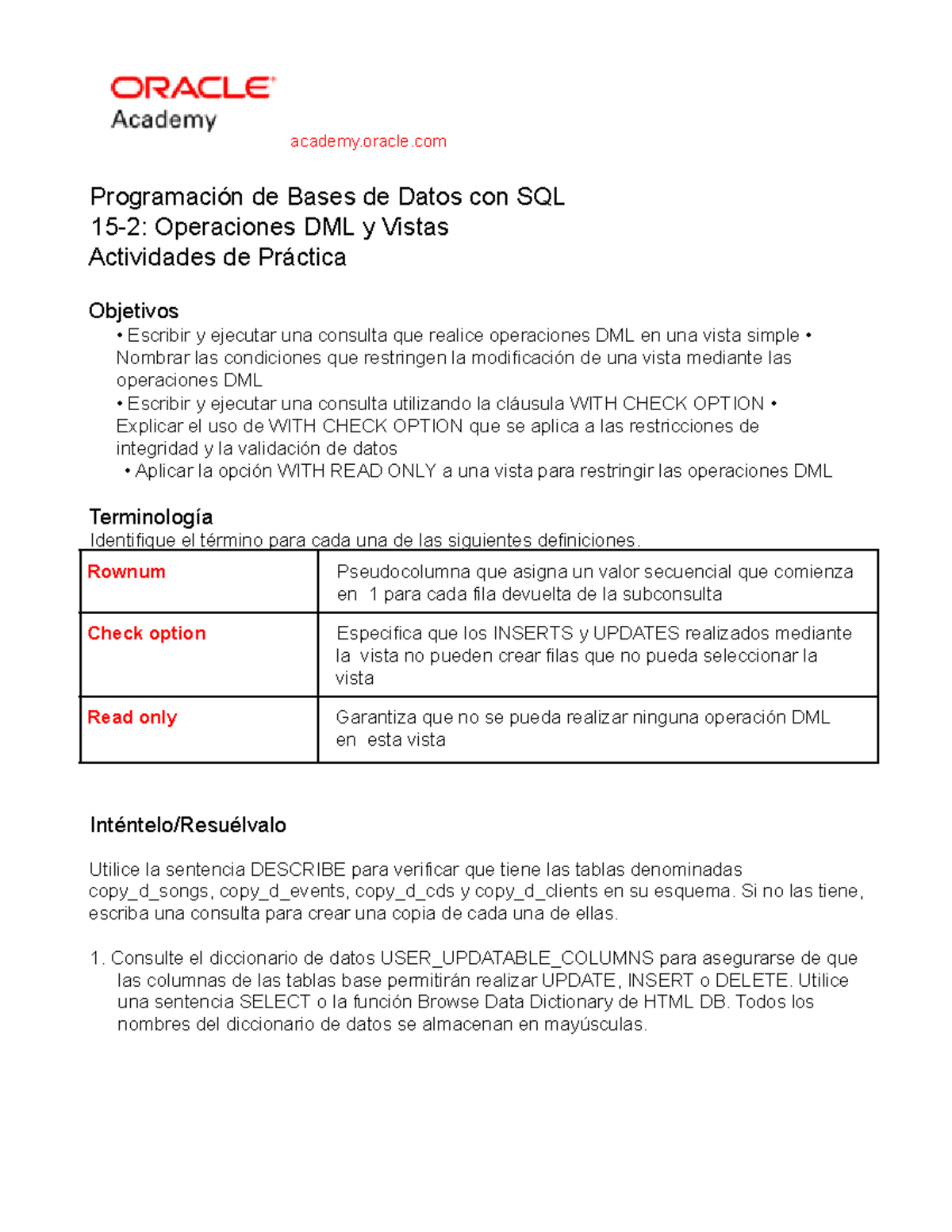 DP 15 2 Practice esp - academy.oracle Programación de Bases de Datos con SQL 15-2: Operaciones ...