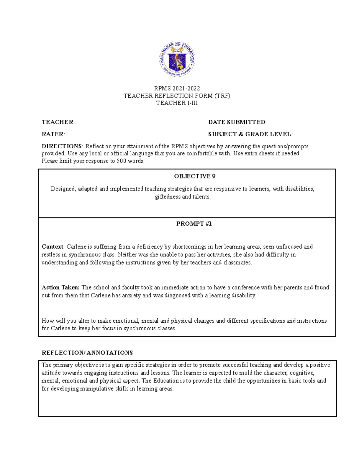 TRF-9-10 - TRF - RPMS 2021- TEACHER REFLECTION FORM (TRF) TEACHER I-III ...