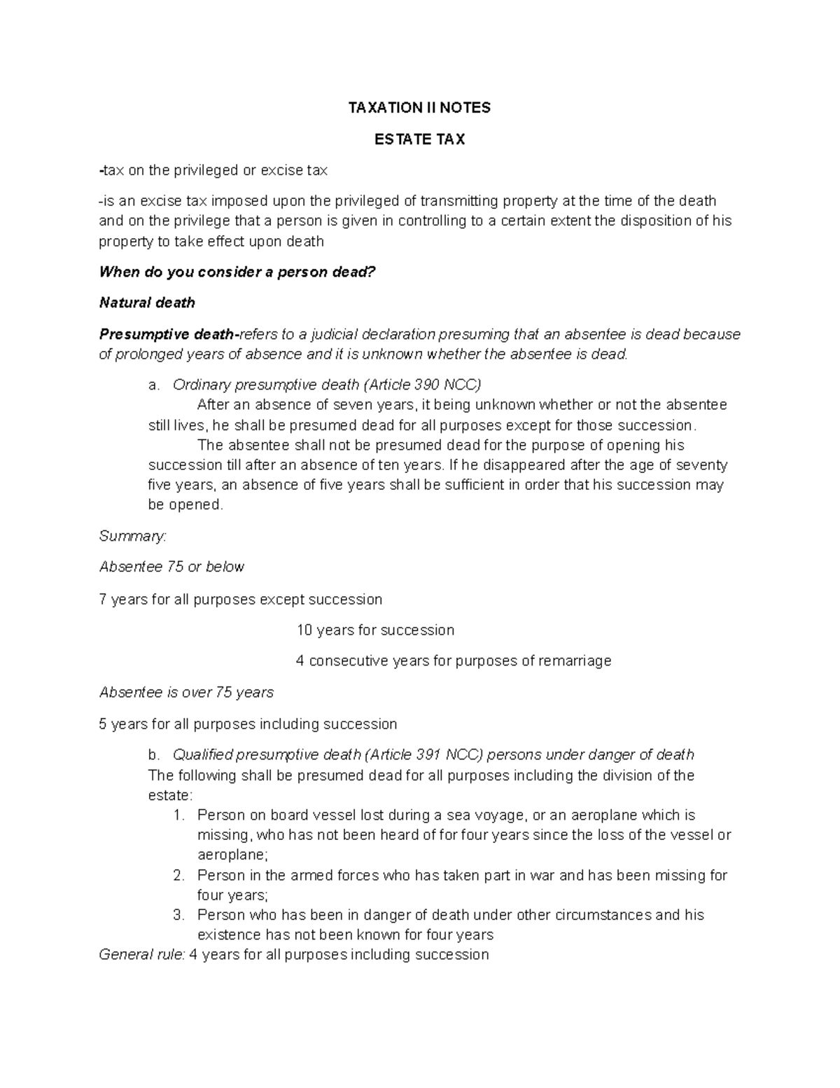 Taxation II Notes - None - TAXATION II NOTES ESTATE TAX tax on the ...