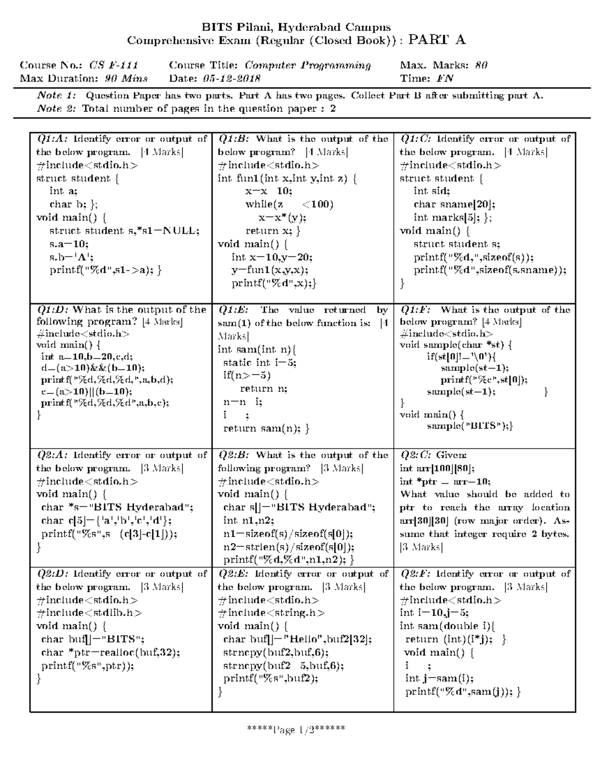 Compre A(2018 ) - Computer Programming - BITS Pilani - Studocu