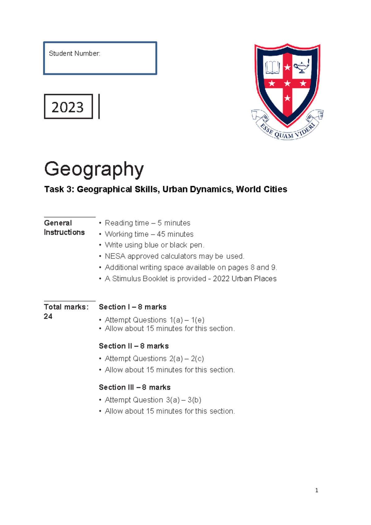 2023 Task 3 Examination - Student Number: Geography Task 3 ...