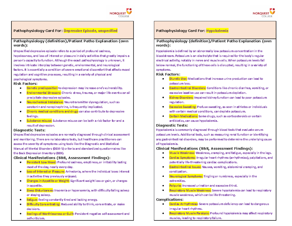 Patho cards - Pathophysiology Card For: Depressive Episode, unspecified Pathophysiology Card For ...